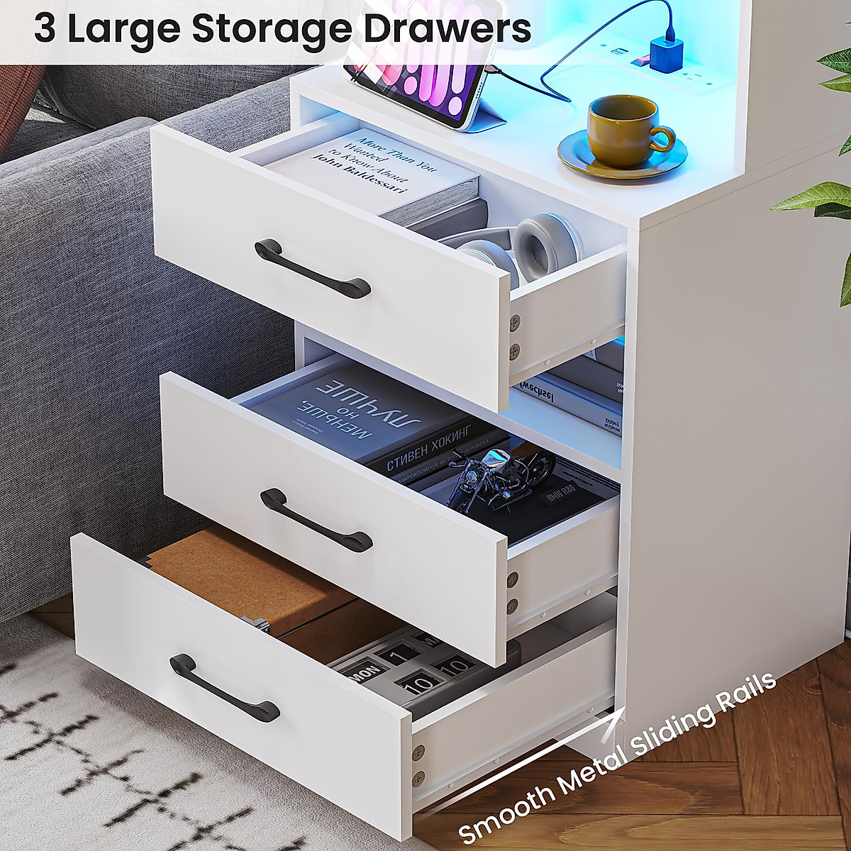 VIAGDO Tall Nightstand with Charging Station and LED Lights, Large White Night Stand with Bookshelf, Modern LED Bedside Table with 3 Drawers and Storage Shelves, End Side Table for Bedrooms, Dorms