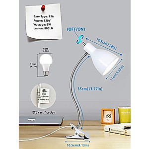 Desk lamp Eye-Caring Table Lamps, 360°Rotation Gooseneck Clip on Lamp, Clip On Reading Light, Portable Reading Book Light, Clamp Light, Study Desk Lamps for Bedroom and Office Home Lighting (White)