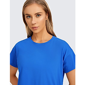 CRZ YOGA Women's Pima Cotton Workout Short Sleeve Shirts Loose Athletic Crop Tops Gym Casual Cropped T-Shirt Strong Blue Medium