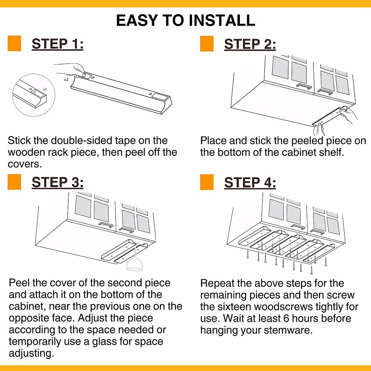 Rustic State Vigo 4 Sectional Adjustable Under Cabinet Mount Wood Stemware Rack Hanging Shelf Glassware Holder Bar Organizer with up to 12 Wine Glass Storage 12 Deep Long Black