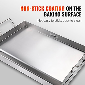 VEVOR Stainless Steel Griddle, 23.5"x16" Pre-Seasoned Stove Top Griddle, Rectangular Double Burner Griddle Pan, Non-Stick Family Pan Cookware with Handles and Oil Groove, for BBQ, Gas Grills, Silver