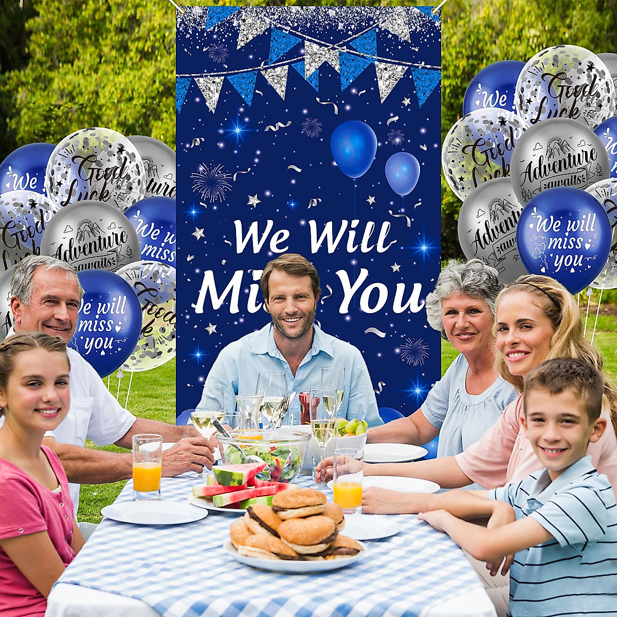 Blue Silver We Will Miss You Decorations Navy Blue We Will Miss You Door Cover Banner and 18pcs We Will Miss You Balloons for Men Women Retirement Graduation Going Away Farewell Party Decor Supplies