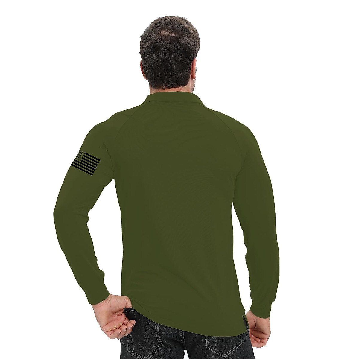 H HYFOL Long Sleeve Polo Shirts for Men Graphic Stretch Casual American Patriotic Raglan Golf Polos for Men(Olive Green,L)