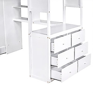 BIADNBZ Twin Size Loft Bed with Storage Wardrobe and Drawers, Wood Loftbed Frame w/Desk and Shelves for Kids/Boys/Girls/Teens Bedroom, White