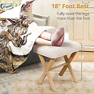 LUE BONA Vanity Stool, Square Linen Makeup Stool with Metal X Legs, Small Ottoman Stool Chair for Vanity, Modern Padded Vanity Seat Foot Rest Stool for Makeup Room, Bathroom, Linen Color