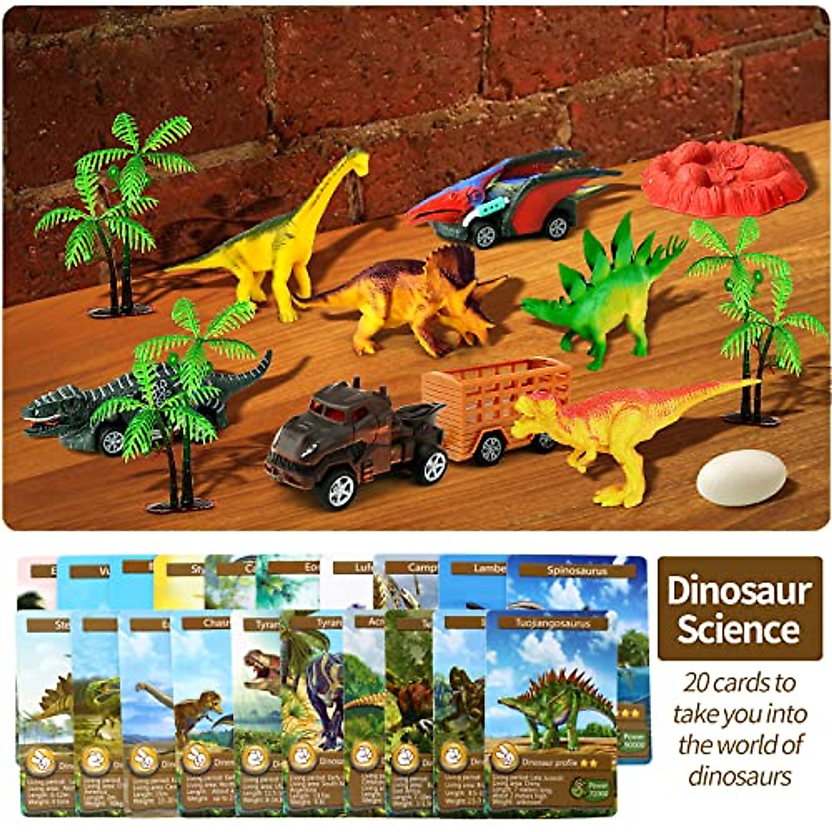 Deejoy Toy Truck, Dinosaur Transport Car with Dinosaur Toys, Dinosaur Pull Back car, Play mat, Dinosaur Identification Cards, Dinosaur Playset Birthday Gift for Kids Boys Grils 3 4 5 6 7