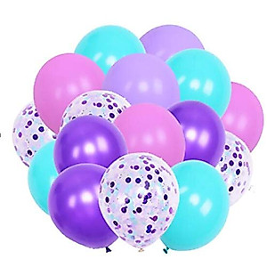 Mermaid Balloons 50 Pack, 12 Inch Light Purple Balloons Seafoam Blue Latex Balloons with Confetti Balloon for Unicorn Party Decorations Birthday Party Supplies with Ribbon