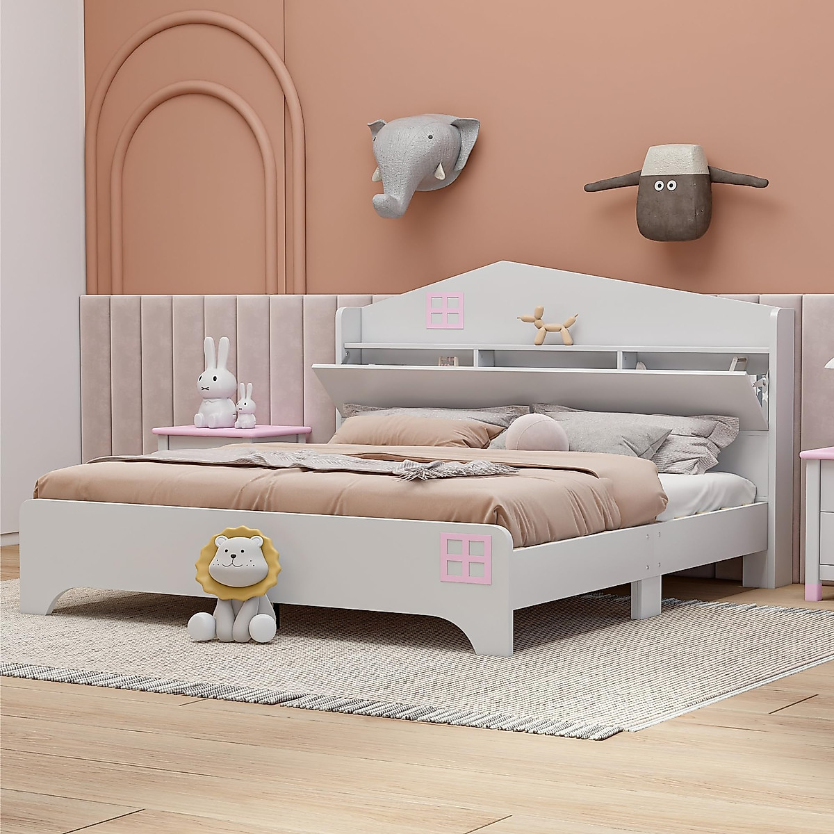 Full Bed with Storage Headboard, Wood Platform Bed with House Shaped Headboard, Kid Low Bed Frame with Shelf and Slats Support, No Box Spring Needed, White