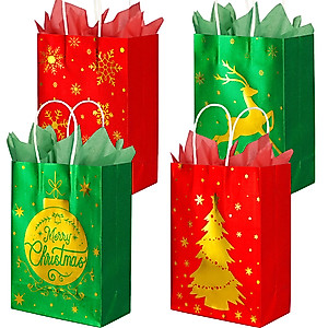 BLEWINDZ 16Pcs Christmas Gift Bags with Tissue Papers for Gifts, 8.6" Small Christmas Goodie Bags Sparkle Treat Bags for Kids Xmas Holiday (Red Green)