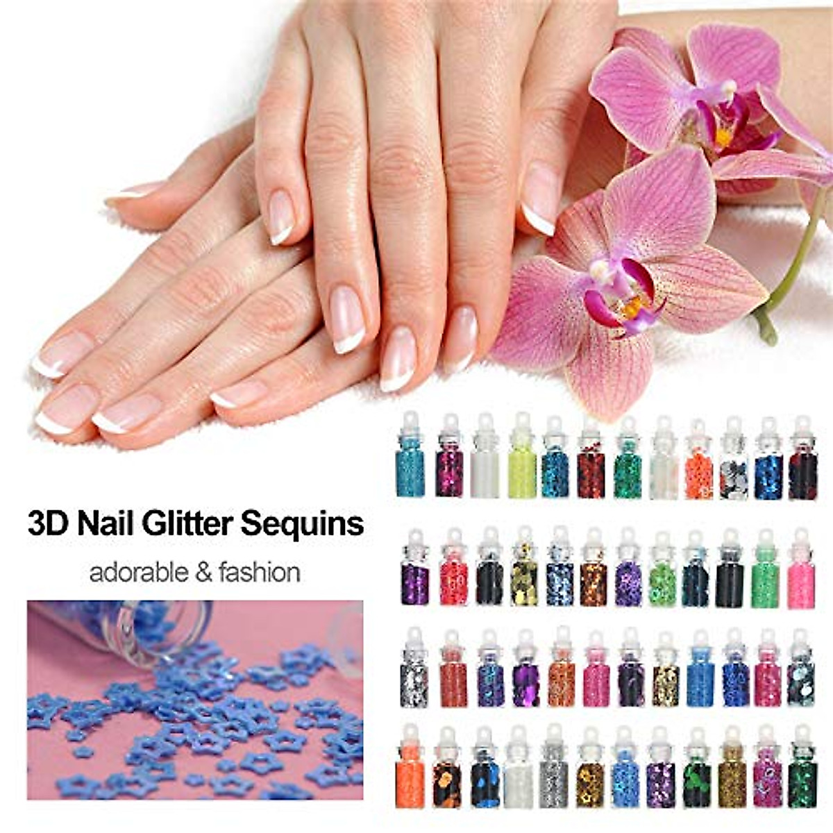 Nail Glitter,mewmewcat 48 Bottles of 3D Nail Glitter Sequins Nail Glitter Flakes Set Acrylic Nail Sparkle Glitter Stickers Decals for Christmas Nail Art Decoration Mixed Colors & Shapes