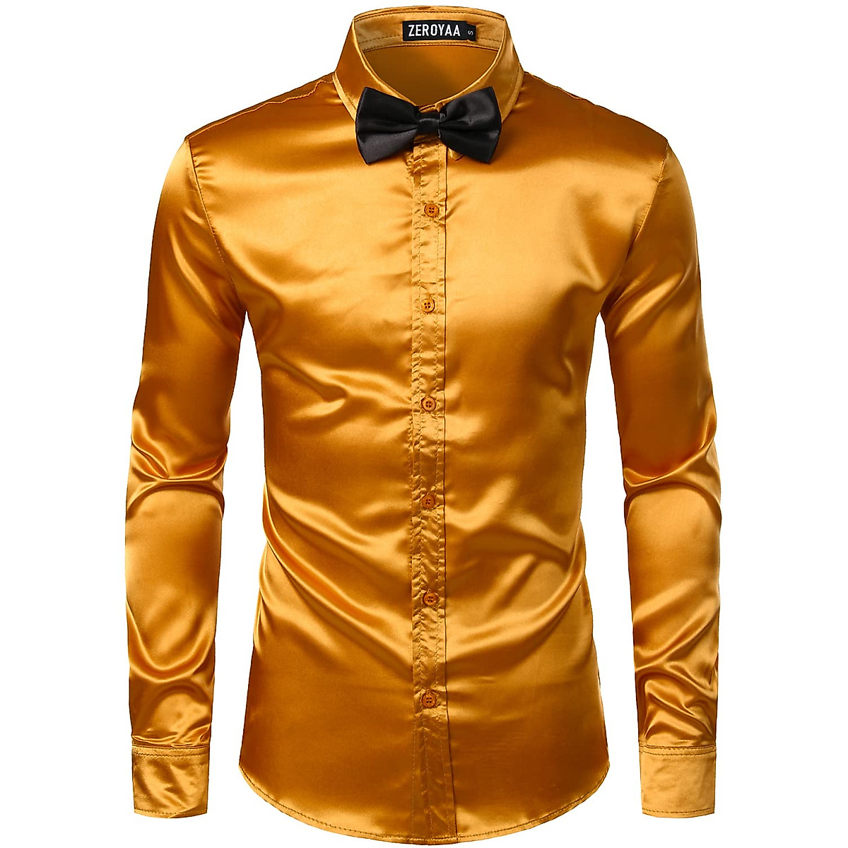 ZEROYAA Men's Luxury Shiny Silk Like Satin Button Up Dress Shirts ZLCL14-Gold Medium