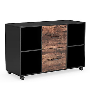 Tribesigns 2 Drawer File Cabinet, Large Mobile Lateral Filing Cabinet for Letter Size, Printer Stand with Storage Shelves and Rolling Wheels for Home Office (Black/Rustic)