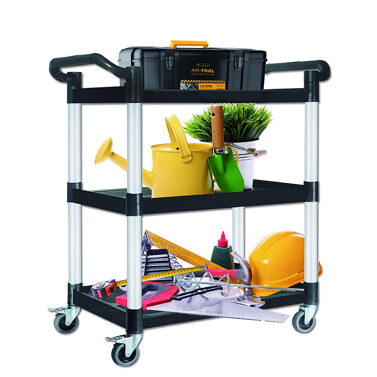 IMGZAR Utility Carts with Wheels Rolling Cart Heavy Duty Food Service Cart for Kitchen Warehouse Office, Free Rubber Hammer, Lockable Wheels, 500 Lbs Capacity 31.5''L X 17''W X 38''H Black