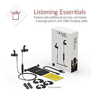 Crave Octane Wireless Bluetooth Earphones, in-Ear Sweat and Water Resistant Stereo Headphones Earbuds with 8 Hour Battery, Magnetic Ends, Built-in Mic - Black