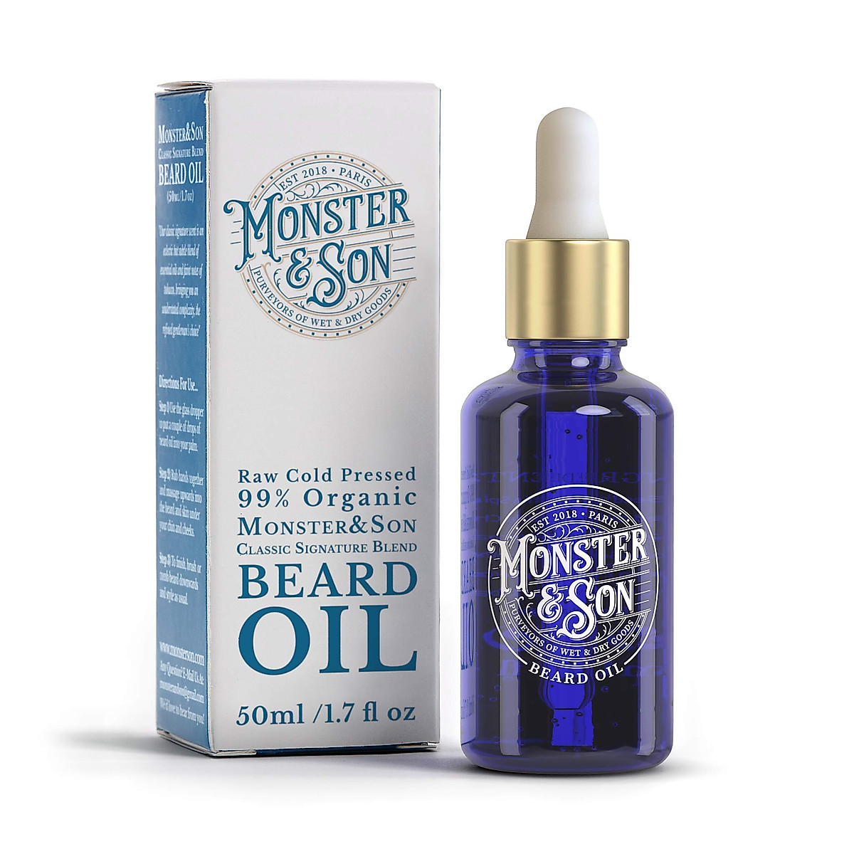 Monster&Son Classic Signature Blend Raw Cold Pressed Organic Beard Oil 1.7oz - Helps to Hydrate, Style and Promote New Hair Growth - Rich in Vitamins & Minerals - Jojoba, Argan & Meadowfoam Oils