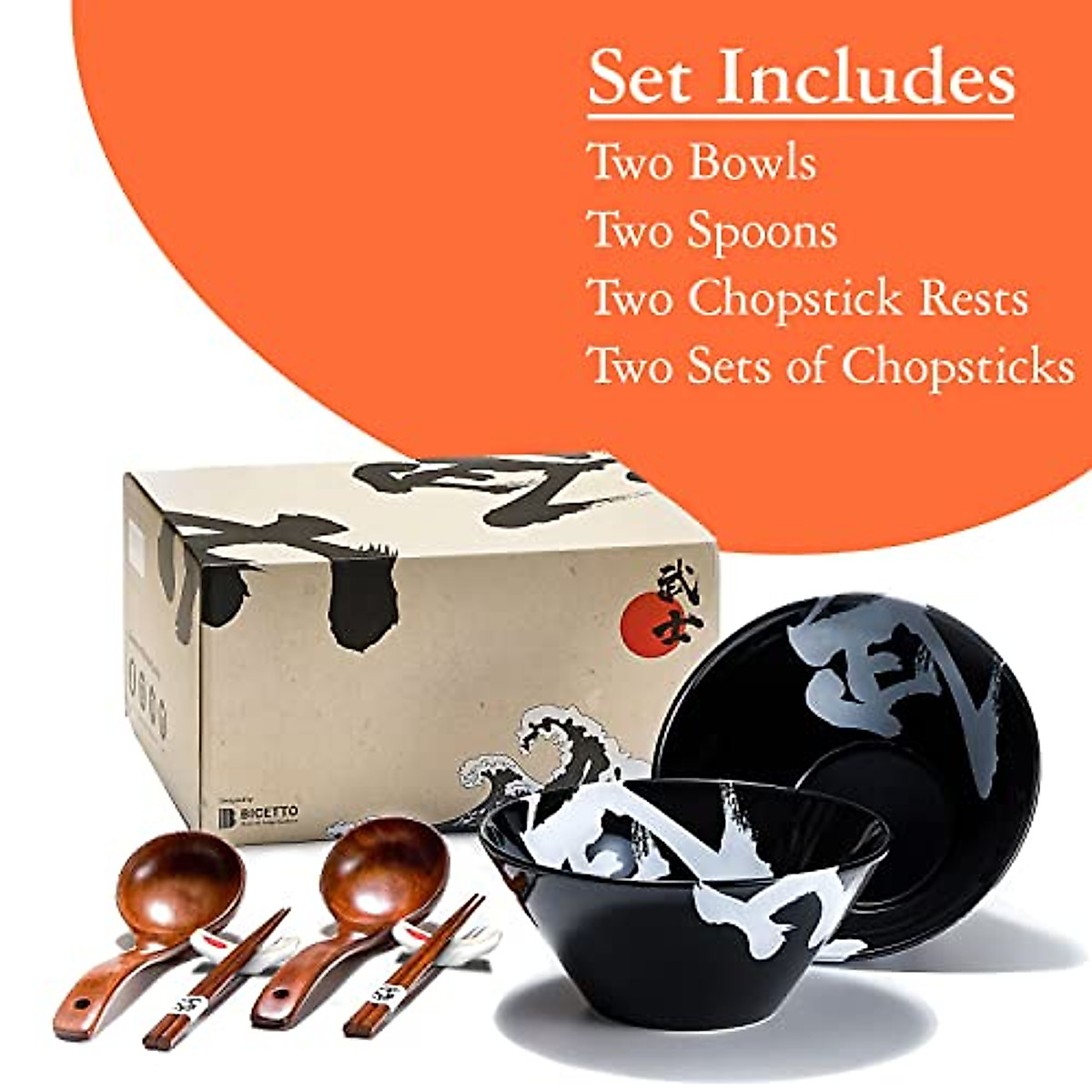 BICETTO Ceramic Japanese Ramen Bowl Set, 60oz Large Ramen Bowls with Chopsticks, Spoons and Chopstick Rests – Bowl for Ramen, Pho, Salad, Poke, Soup, Udon – Minimalist Design, Premium Quality, Black