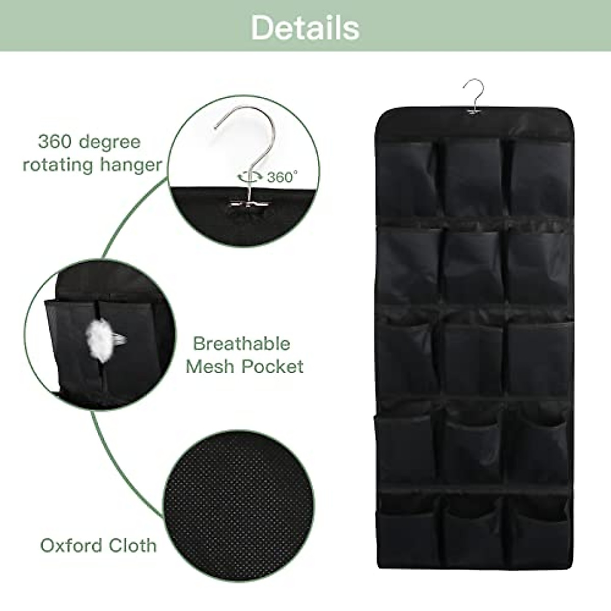 Dual Sided Pocket Storage Organizer , Zimso Hanging Shoe Holder , Hanging Sock Organizer , Hanging Closet shoe Hanger Organizer , 30 Pockets Rotatable Hanging Pockets Organizer (Black)