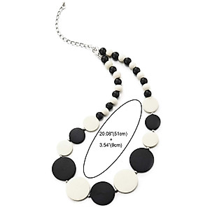 COOLSTEELANDBEYOND Black White Wood Circle Disc Beads Chain Choker Collar Statement Necklace, Dress Party Event, Unique