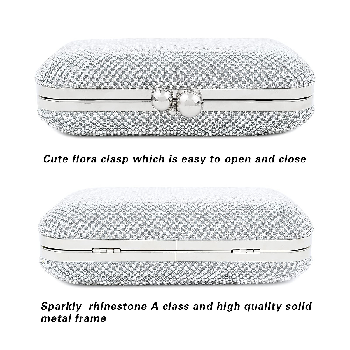 topfive Clutch Purses for Women Evening Bag Rhinestones Clutch Crystal Purse Party Bag with Flora Clasp Wedding Prom (silver-001)