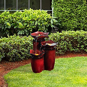 Teamson Home 3 Tiered Floor Water Glazed Pots Fountain with LED Lights and Pump for Outdoor Patio Garden Backyard Decking Décor, 20 inch Height, Gradient Red