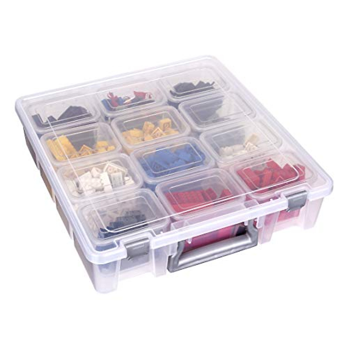 AB Designs 6965ABD Super Satchel with 9 Small Bins Inside, Stackable Home Storage Organization Container, Clear with Sliver Latches and Handle