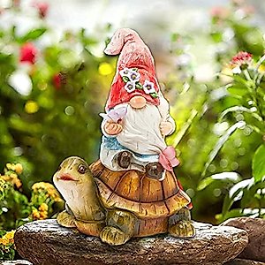 GIBMIDSER Garden Gnome Statue Large Resin Gnome Figurine Solar Led Lights Sitting on Turtle with Butterfly, Outdoor Garden for Four Seasons Decor Patio Yard Lawn Porch, Ornament Gift（Pink Dwarf）