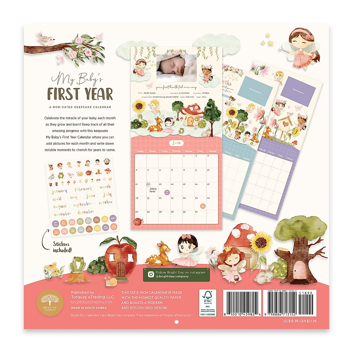 Baby's First Year Book & Calendar with 54 Stickers By Bright Day – Capture Milestones with Baby's First Year Calendar – Keepsake Memory Journal for Newborns