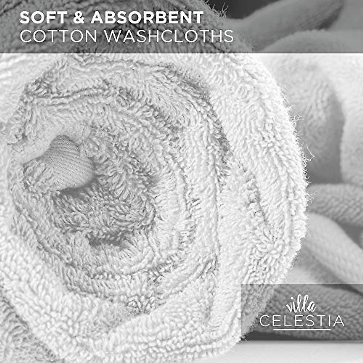 Villa Celestia 100% Cotton Wash Cloth for face & Body Set of 12, (12 x 12 inches) Sustainable, Soft, Highly Absorbent, Combed Cotton Wash Cloths Pack of 12 for Hotels, Spa, Bathroom, Dorm, White