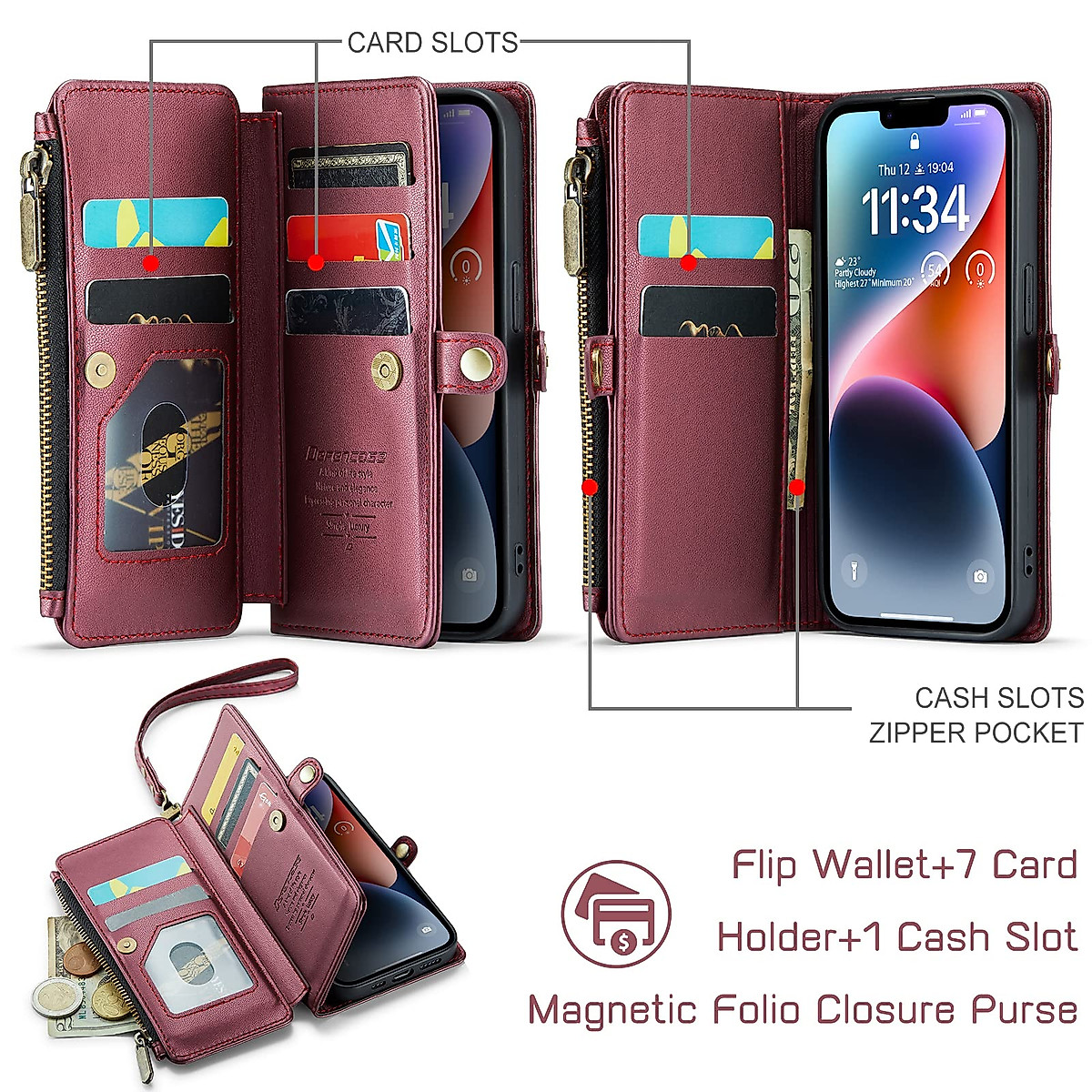 Defencase for iPhone 14 Case, RFID Blocking for iPhone 14 Wallet Case for Women Men with Credit Card Holder Slots Zipper Book Flip PU Leather Protective Cover for iPhone 14 Phone Case, Wine Red