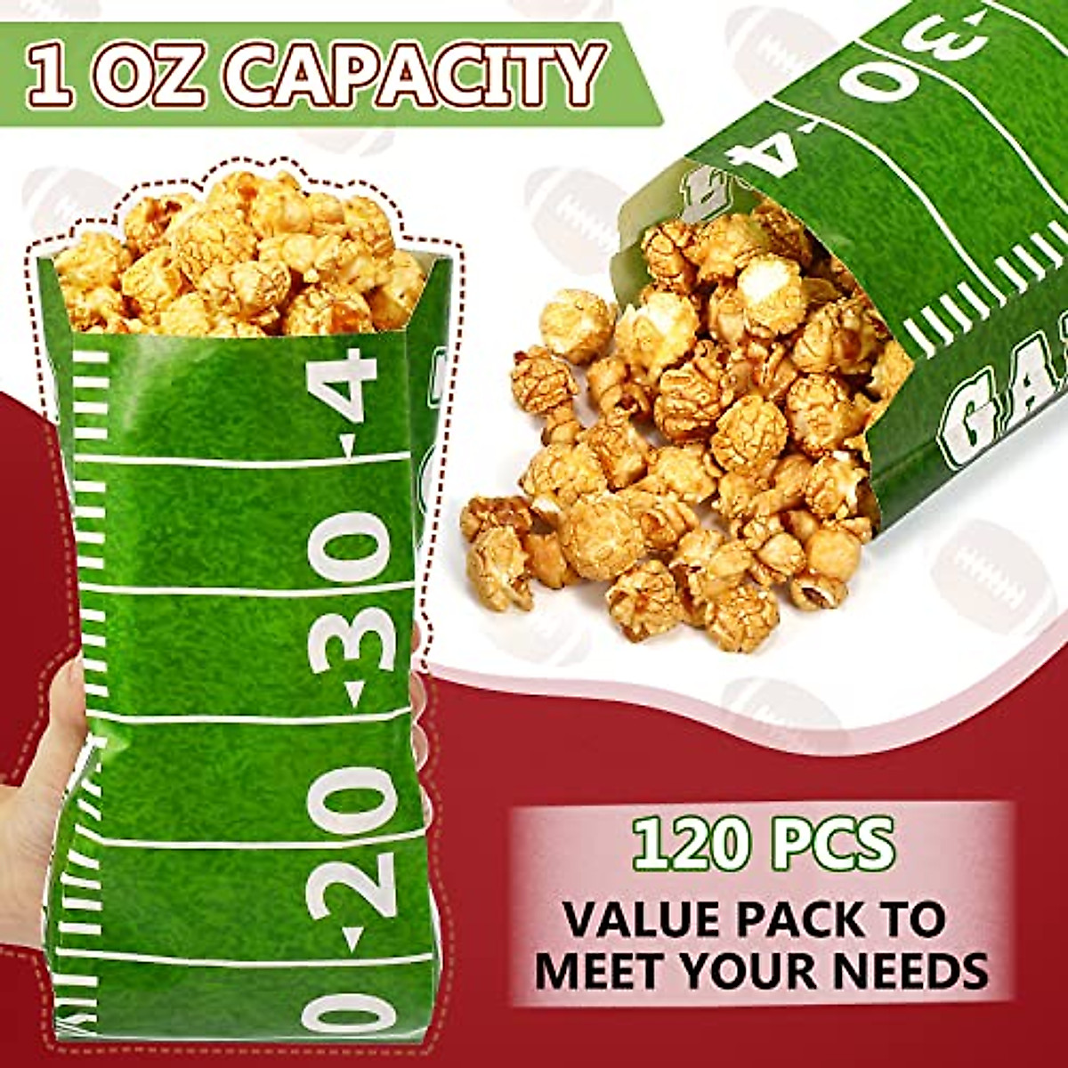 120 PCS Football Popcorn Bags Football Candy Treat Bags Football Party Popcorn Boxes Football Popcorn Holder Football Paper Favor Bags for Football Theme Birthday Party Baby Shower Supplies