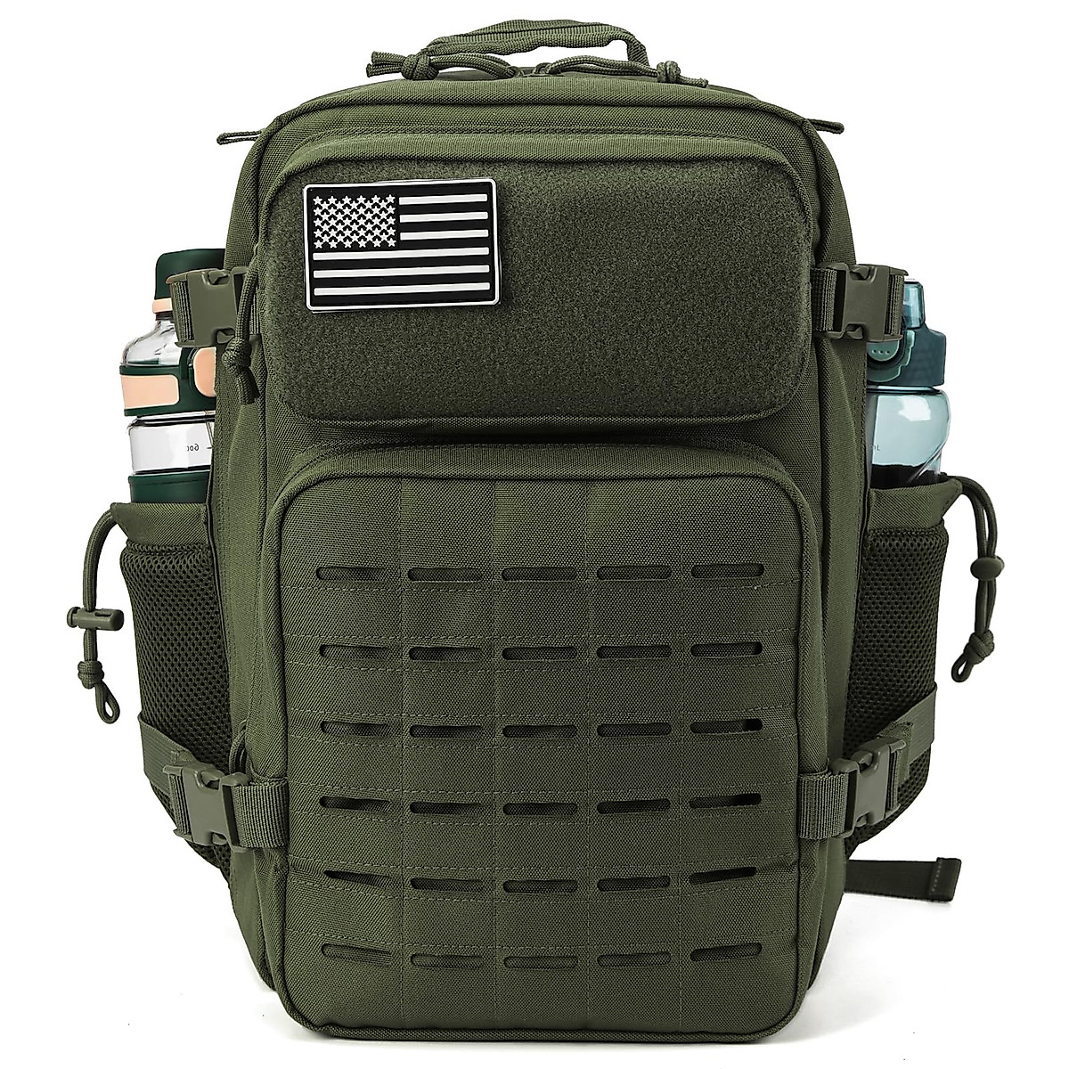 QT&QY 25L Military Tactical Backpacks For men Motorcycle Army Laser cut Molle Daypack small EDC Bug Out Bag Gym Rucksack With Dual Cup Holders medical Rucksack Green