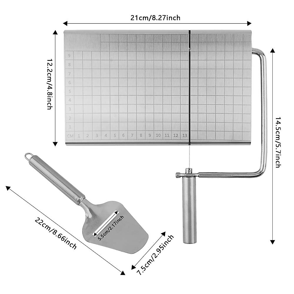 CALIDAKA Cheese Slicer & Cheese Cutter, Stainless Steel Cheese Slicer with 5 Replacement Wires,Cheese Cutter for Block Cheese, Metal Cheese Slicer Cutting Board