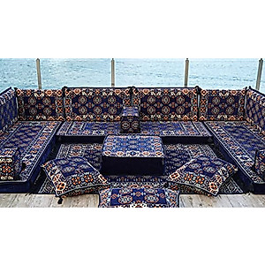 Navy Blue U Shaped Arabic Floor Sofa Set, Floor Cushions, Balcony Patio Sofas, Pallet Sofa, Ethnic Sofa, Moroccan Sofas, Sectional Sofas, Pouffs (U Sofa Full Set)
