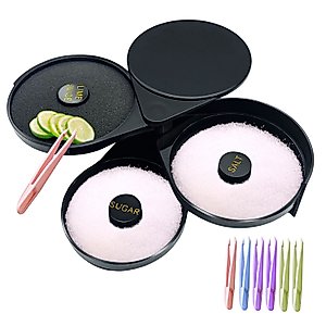 3 Tier Bar Glass Rimmer, Margarita Salt Premium Cocktail Machine Bartender Tool, Margarita Salt Rimmer Set, Juice Cocktail Sugar Salt Seasoning Box Classic Black(7 pcs Tweezers)