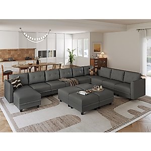 LLappuil Modular Sectional Sofa with Storage, Oversized Couch 14 Seater U Shaped Sofa with Chaise, Faux Leather Fabric Large Sectional Couch with Ottoman, Dark Grey