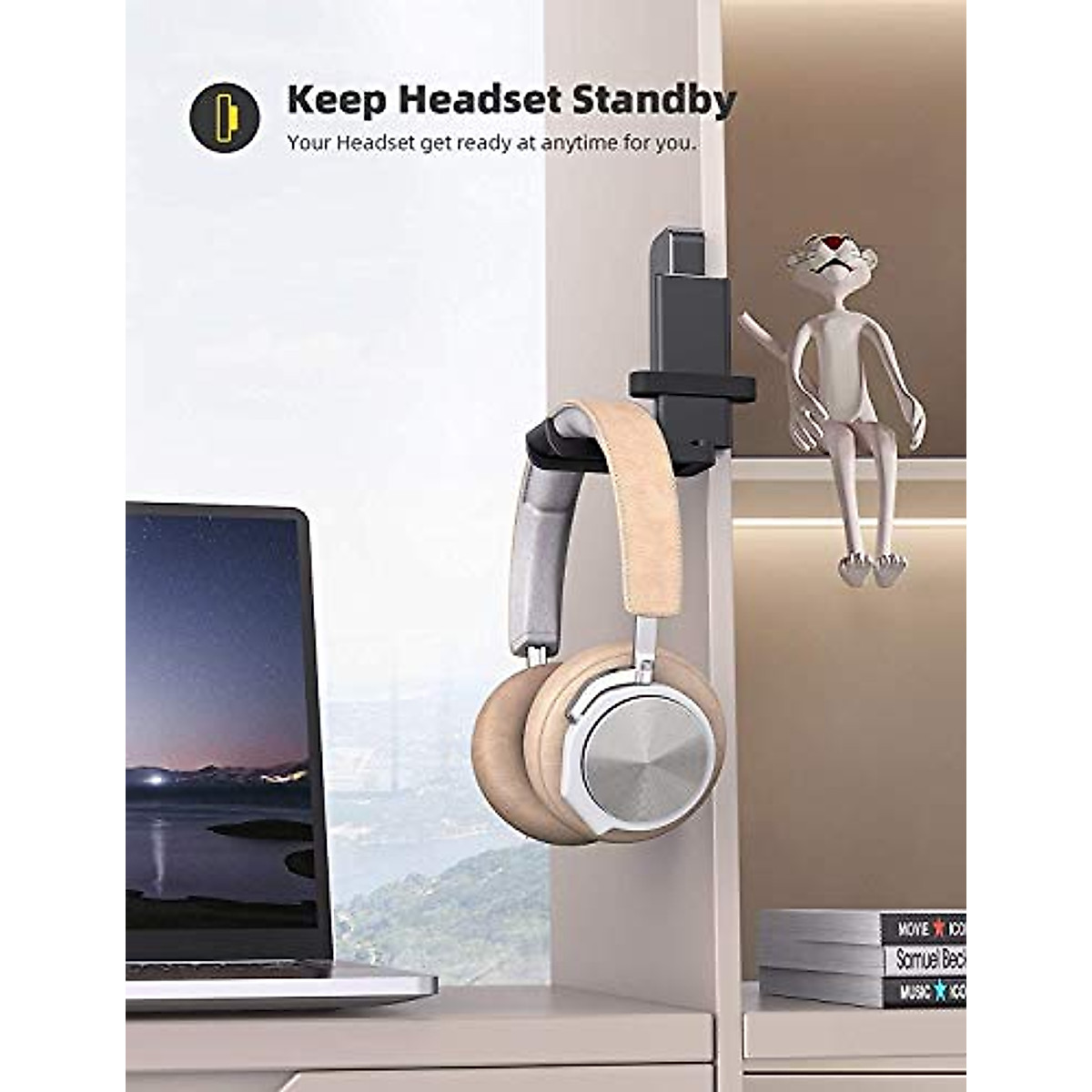Lamicall Headphone Stand, Sticky Headset Hanger - 360 Degree Rotation Earphone Adhesive Hook Holder Mount, Table Headphone Stand with Cable Organizer, Headset Clamp for HyperX, Sony, Sennheiser -Black
