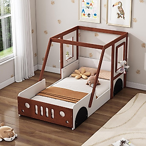 Twin Size Floor Car Shaped Bed Frames with 2 Windows and 4 Wheels for Kids Boys Girls Teens, Fun Play Design Toddler Bedframe w/ Safety Guardrails, No Box Spring Required, Gifts, Bedroom, White+Orange