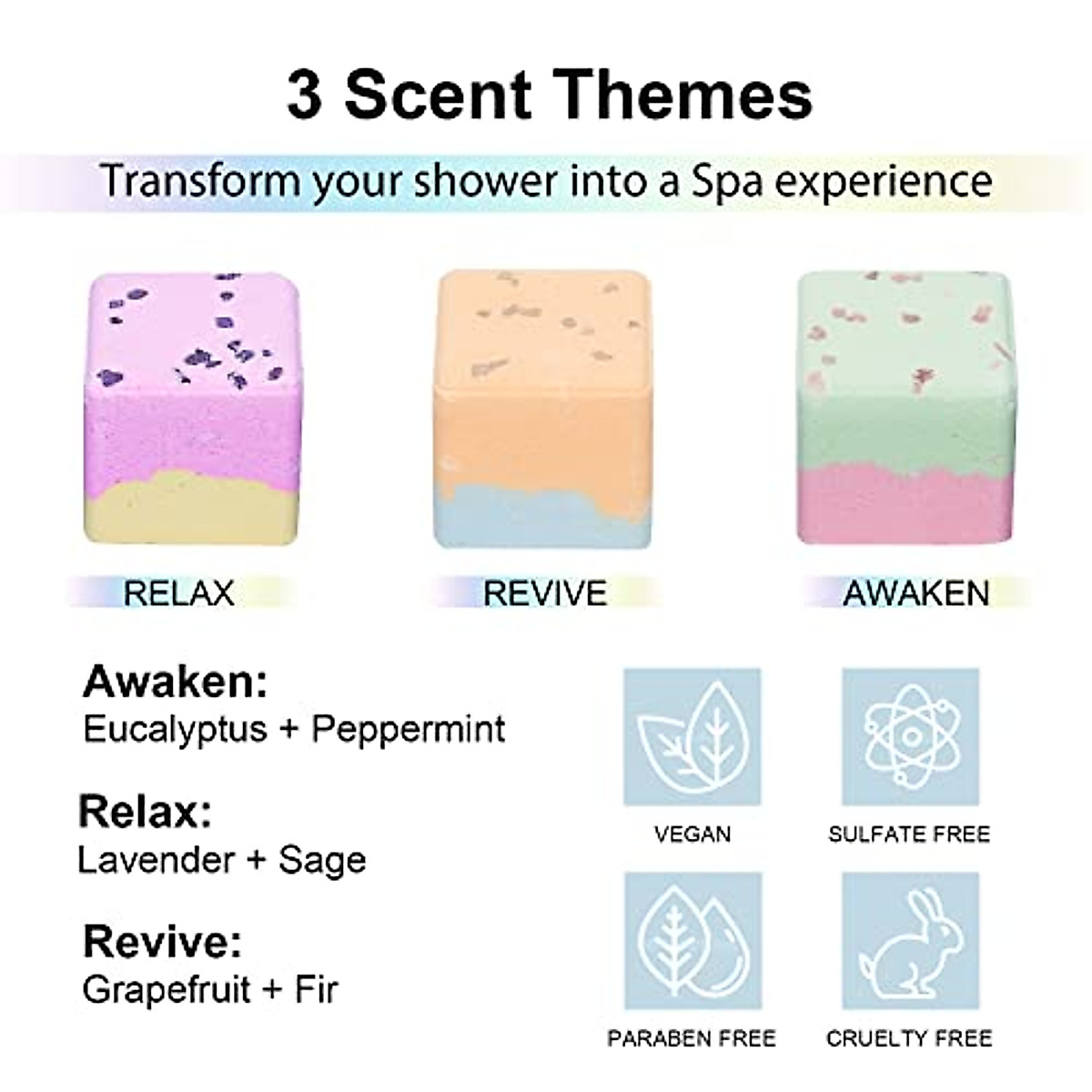 Shower Steamers Aromatherapy Set of 9 Natural XL Cubes w Essential Oils , 6 Scents Variety Pack: Awaken(Eucalyptus+Peppermint), Relax(Lavender+Sage), Revive(Grapefruit+Fir) Hanging Sachet Included