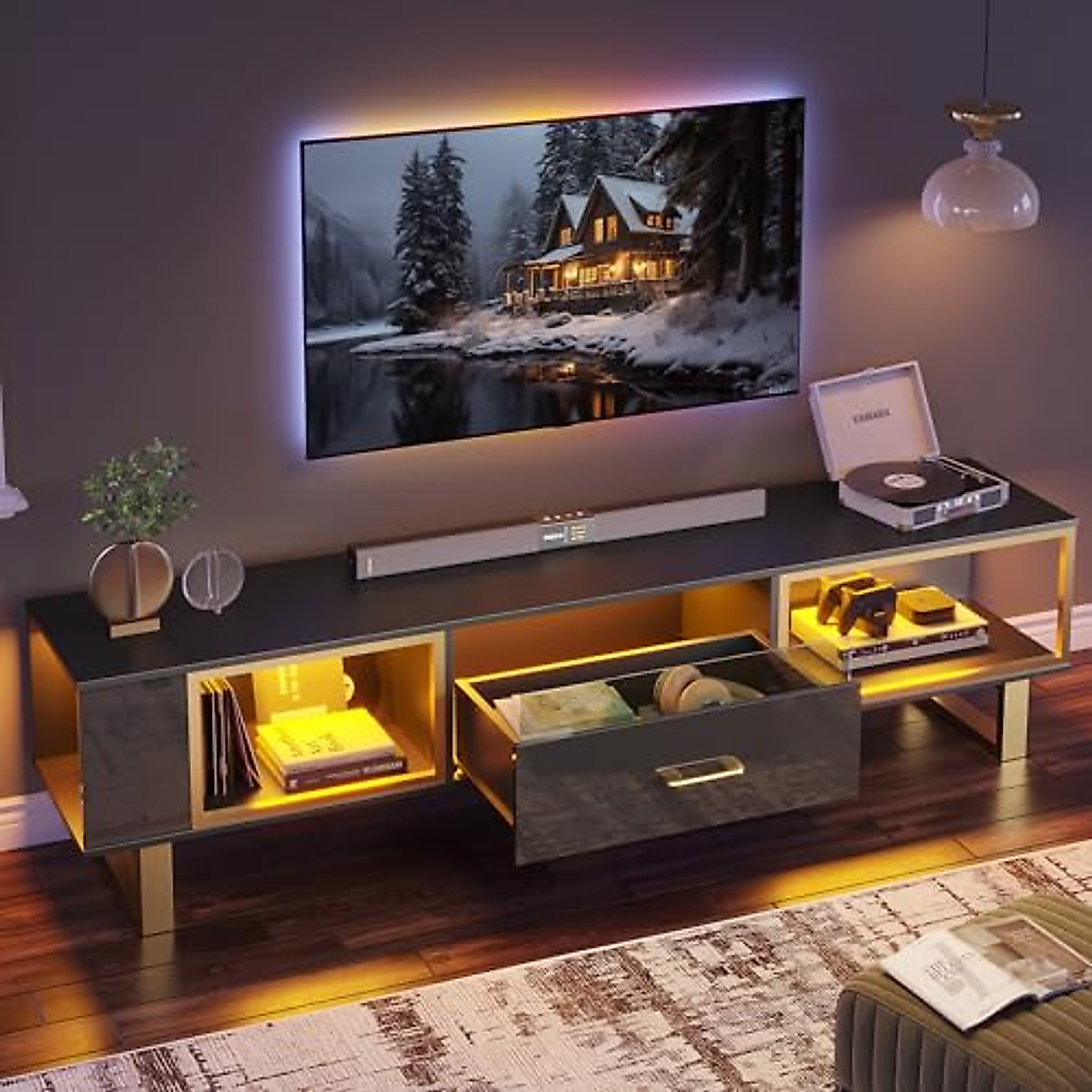 Bestier 70 Inch TV Stand for 75/77/80 Inch TV, LED Gaming Entertainment Center with Open Storage & Drawer, Modern High Gloss TV Console Table for Living Room Bedroom, Black and Gold