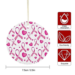 Breast Cancer Pink Ribbon Christmas Decorations Round Ceramic Hanging Ornament Xmas Decor for Christmas Tree Party