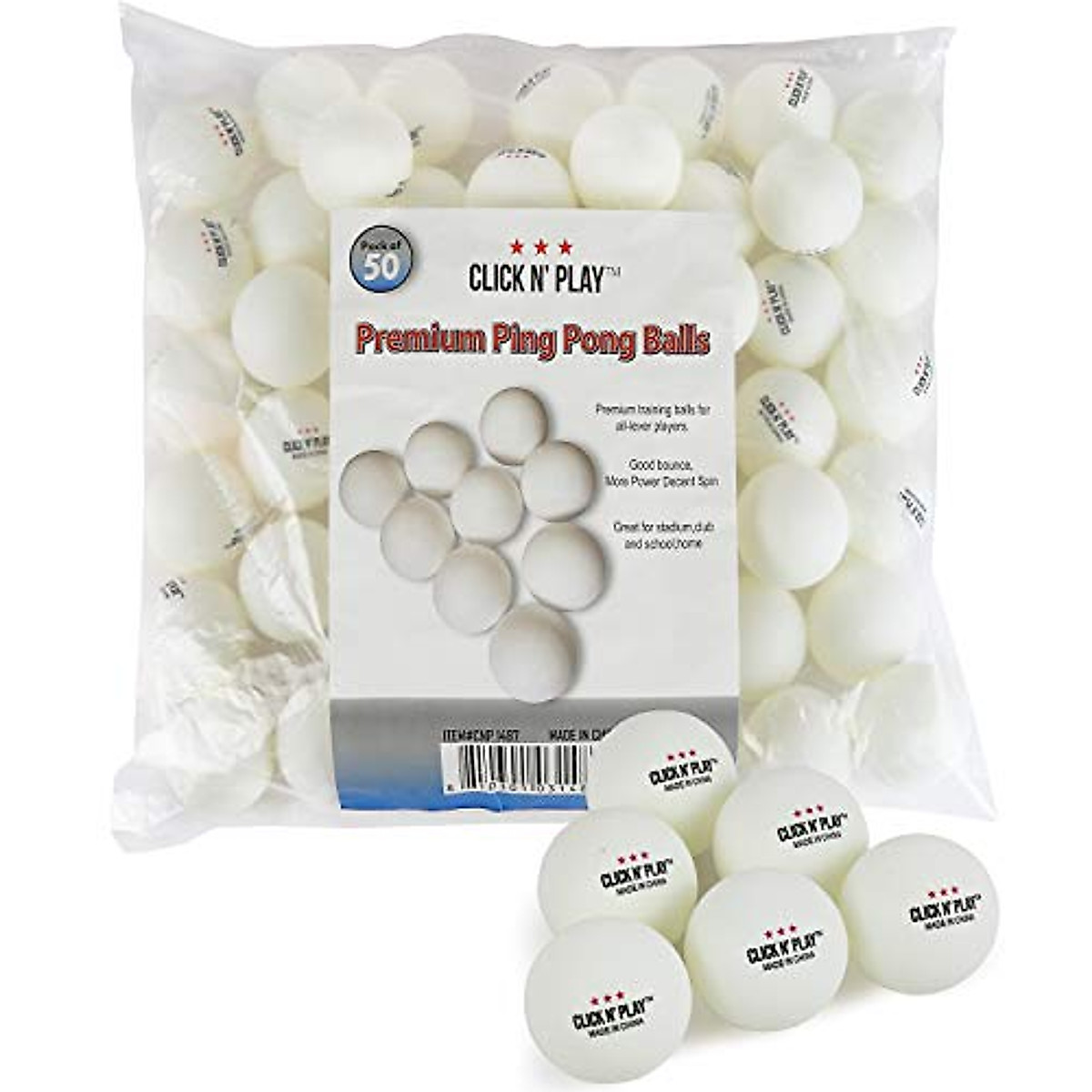 Click N' Play 3 Star Ping Pong Balls White, Premium Advanced Training Tournament Grade Ping Pong Balls Bulk, Table Tennis Balls for Beer Pong, Table Tennis Tournaments & Recreational Play, Pack of 50