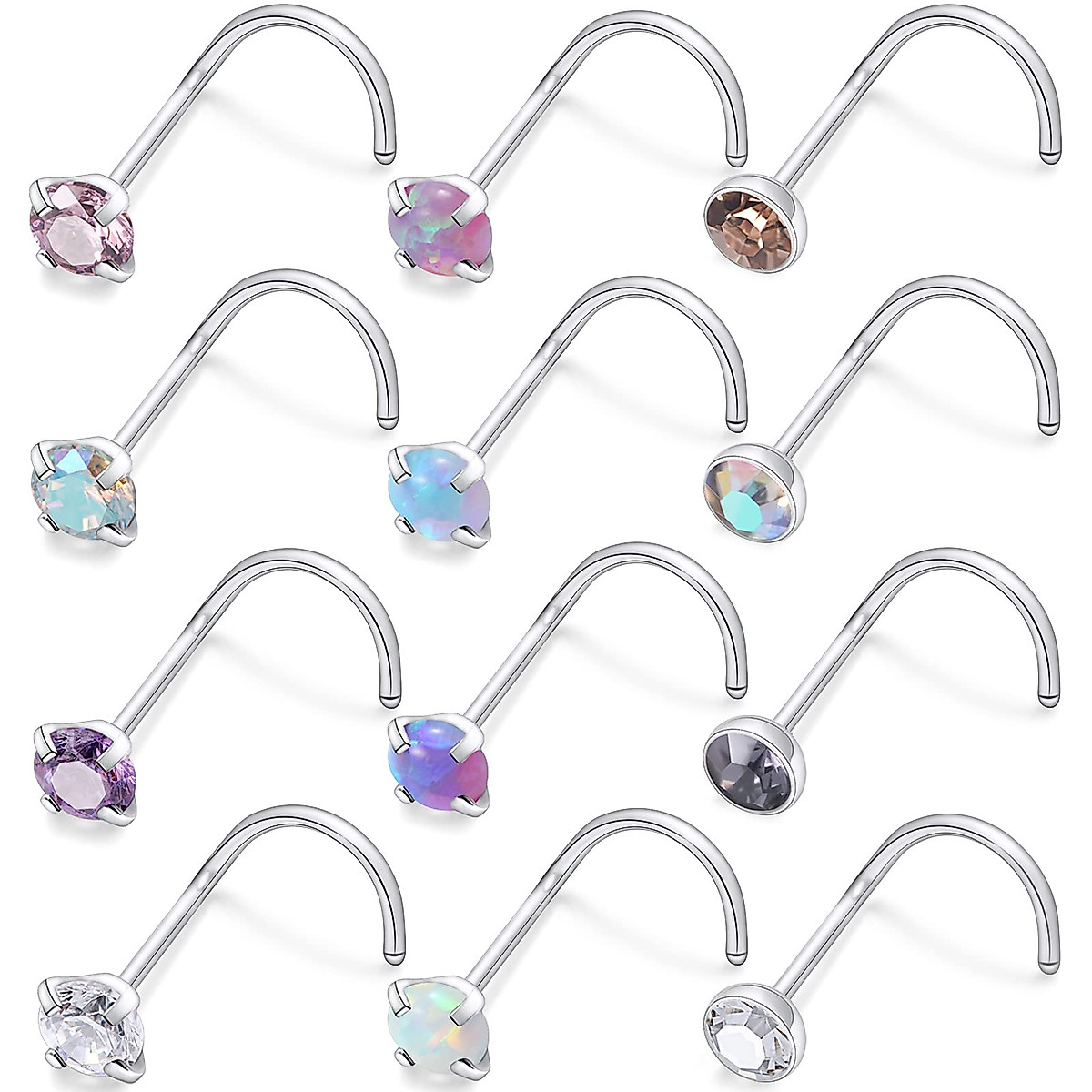 Kridzisw 18G Nose Rings Studs for Women 18 Gauge Surgical Stainless Steel Screw Twist Spiral Corkcscrew Silver Cute Nose Nostril Ring Stud Hook Piercing Jewelry Set Pack Women Men CZ Diamond Opal 2MM