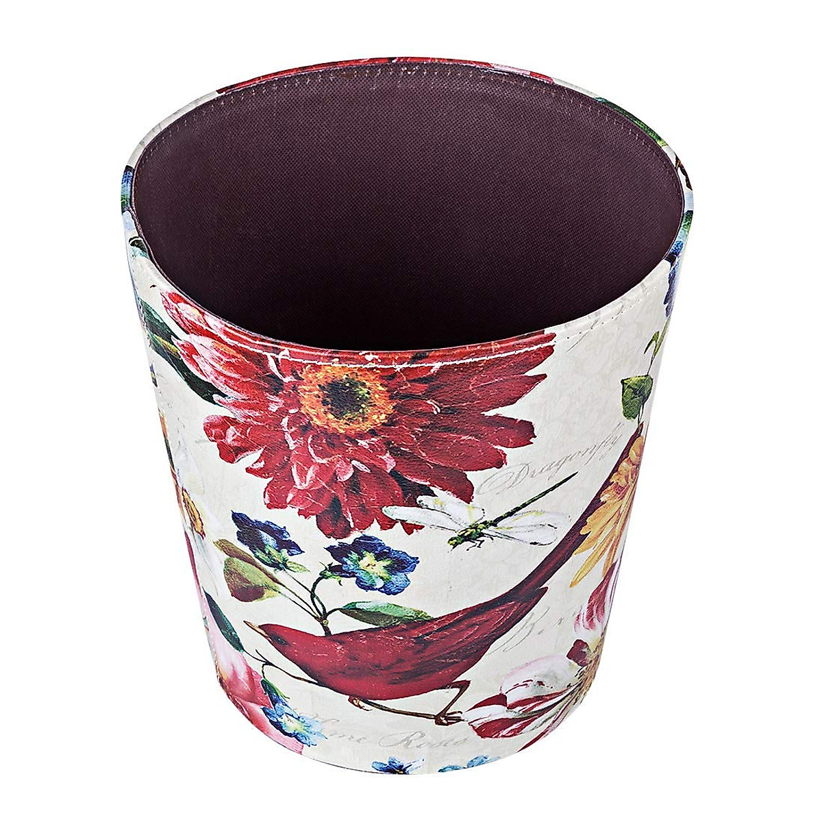 Scakbyer Leather Trash Can, Retro Decorative Waste Basket, 10L Capacity Small Waste Paper Basket, Waterproof Garbage Can for Bathroom, Bedroom, Office, Kitchen and Living Room - Red Bird