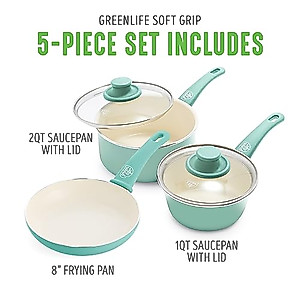 GreenLife Soft Grip Healthy Ceramic Nonstick, Saucepans with Lids, 1QT and 2QT, Turquoise & Soft Grip Healthy Ceramic Nonstick, Frying Pan, 8", Turquoise