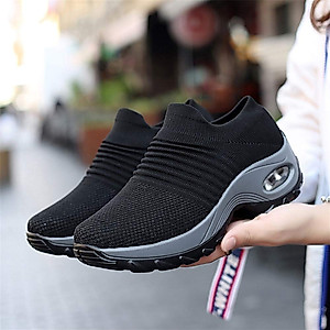 LEADER SHOW Women's Slip-On Walking Shoes Comfortable Loafers Casual Non-Slip Nursing Shoes Fashion Platform Sneakers (7, Black)
