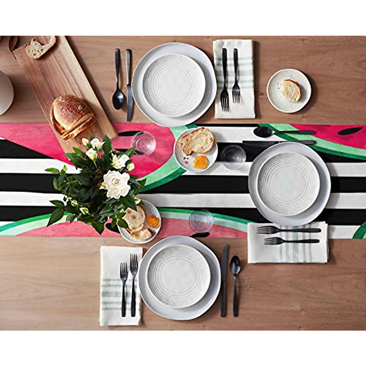 Table Runners Cotton Linens Burlap Dresser Scarves Table Decor for Kitchen Dining Room Coffee Table Tropical Fruit Watermelon Pink Summer Stripe Black and White Background 13"x70"