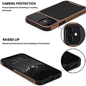 TENDLIN Compatible with iPhone 12 Case/iPhone 12 Pro Case Wood Grain with Carbon Fiber Texture Design Leather Hybrid Case