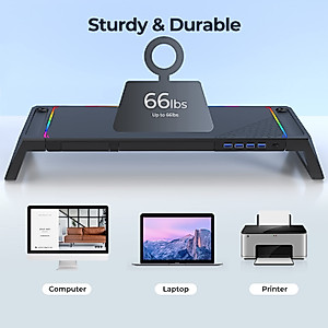 KeiBn RGB Gaming Computer Monitor Stand with 4 USB 3.0 Hub, 3 Lengths Adjustable Monitor Stand with Storage Drawer and Phone Holder, Monitor Stand Riser for PC,Laptop,iMac