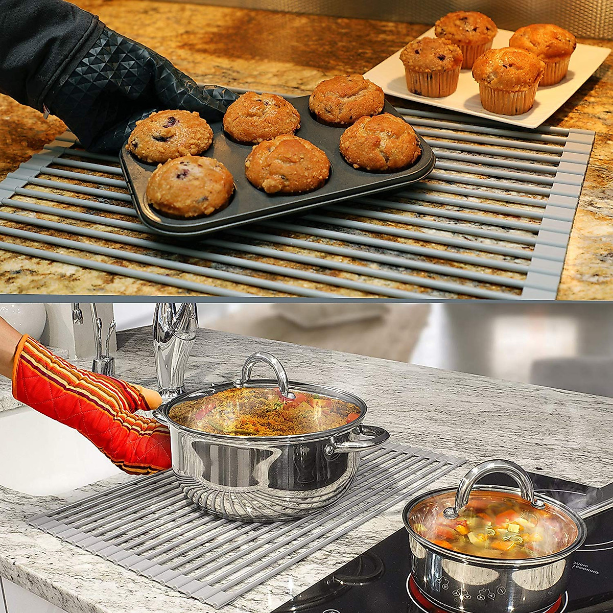 iPEGTOP Roll Up Dish Drying Rack with 304 Stainless Steel Plates Holder Pot Lid Organizer, Over The Sink Kitchen Foldable Multipurpose Dish Drainer Rack for Fruits Vegetable,16.9" x 12.6"