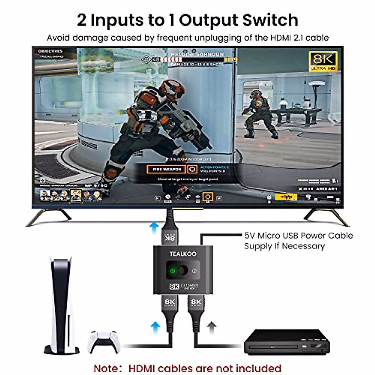 HDMI 2.1 Switch 8K HDMI Switcher Splitter, 4K 120Hz Aluminum Bi-Directional HDMI Switch 2 in 1 Out or 1 in 2 Out HDR Ultra HD 48Gbps 8K@60Hz, for PS5, Xbox Series X, Roku, Apple TV, Samsung TV LG TV